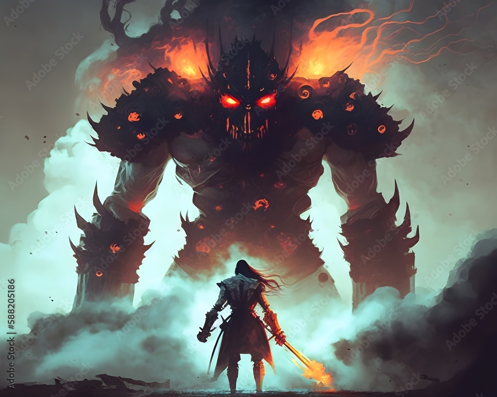 man holding twin swords standing with giant smoke monster, digital art ...