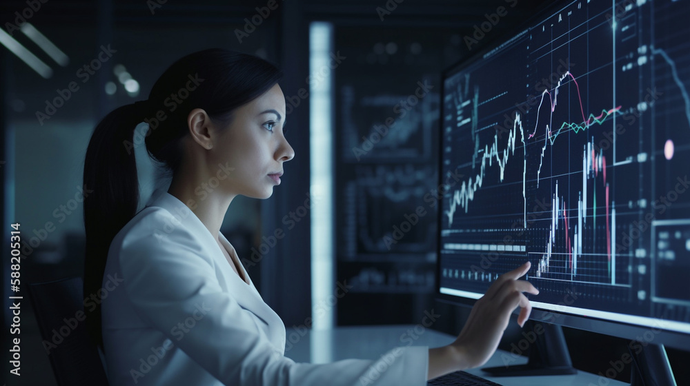 Generative Ai. Asian Businesswoman analyzing investment portfolio on ...
