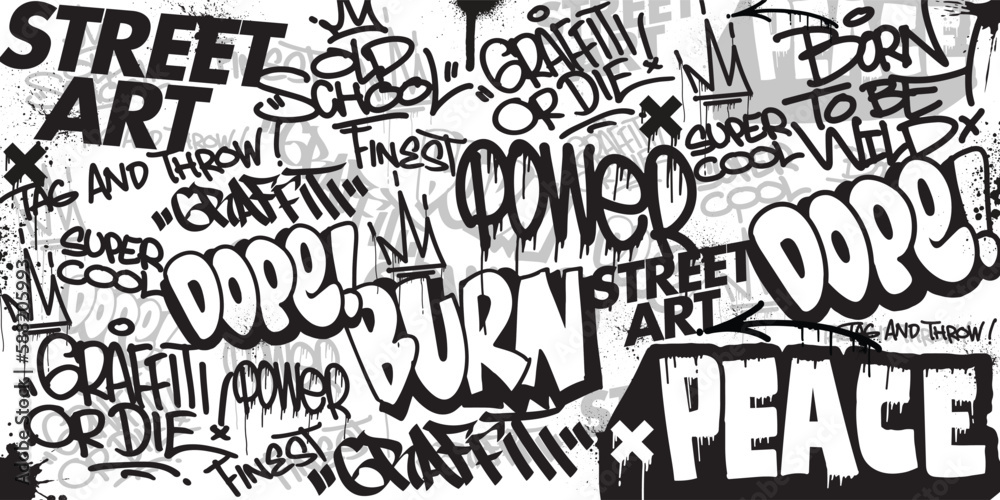 Graffiti background with throw-up and tagging hand-drawn style. Street ...