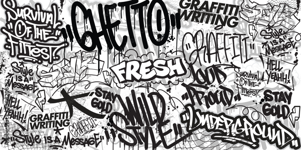 Graffiti background with throw-up and tagging hand-drawn style. Street ...