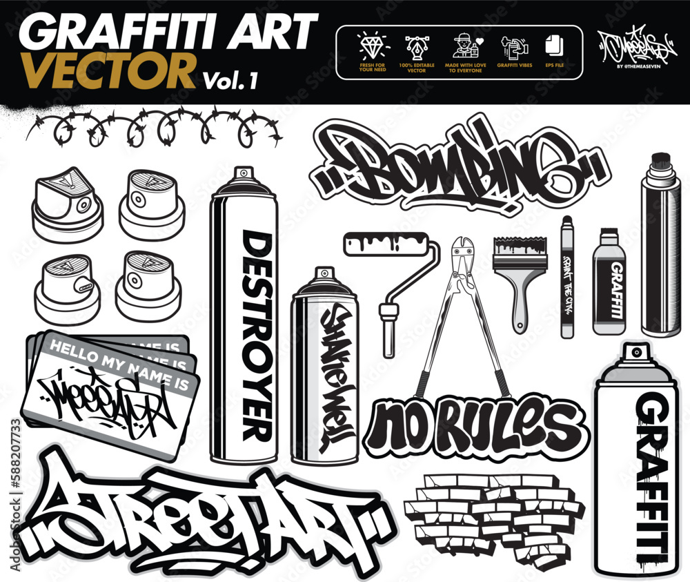 A set of Graffiti Art Vector. Graffiti tools and sticker designs. Street art urban theme in ...