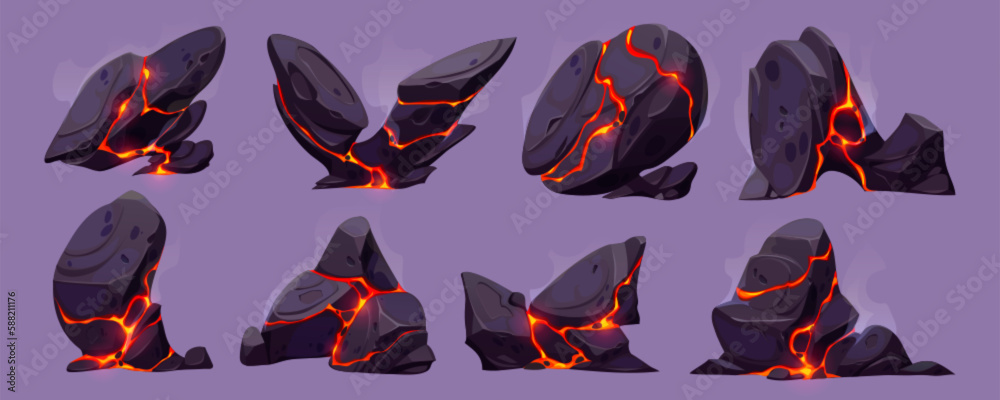 Lava rock with crack and light texture vector volcano set. Fire and ...