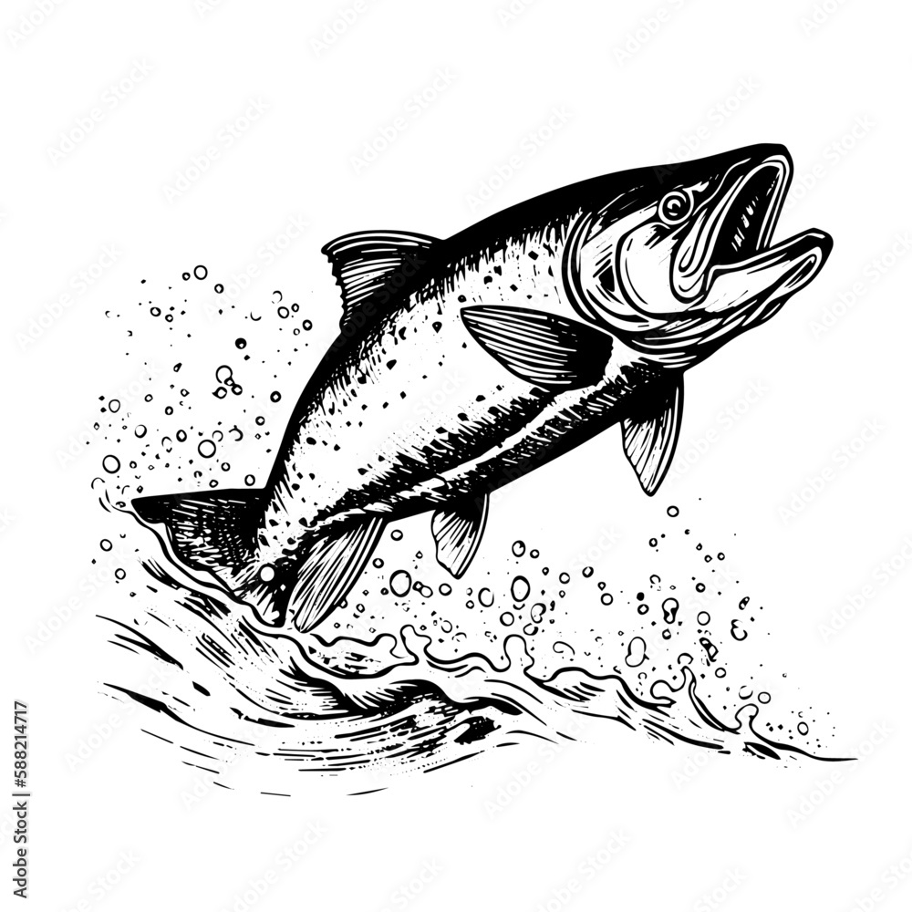 salmon jumping out of water vintage retro line engrave style vector ...