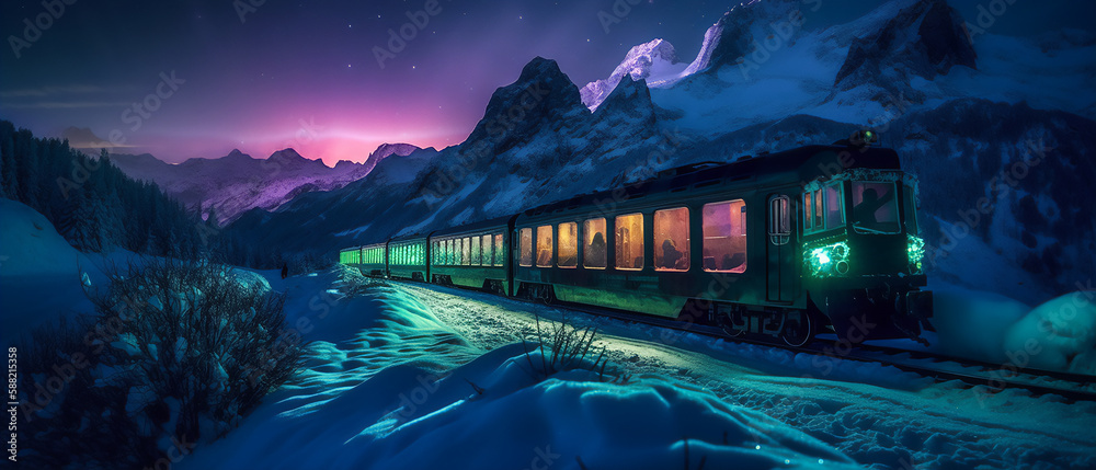 Train in the winter mountains at night with aurora borealis. generative ...