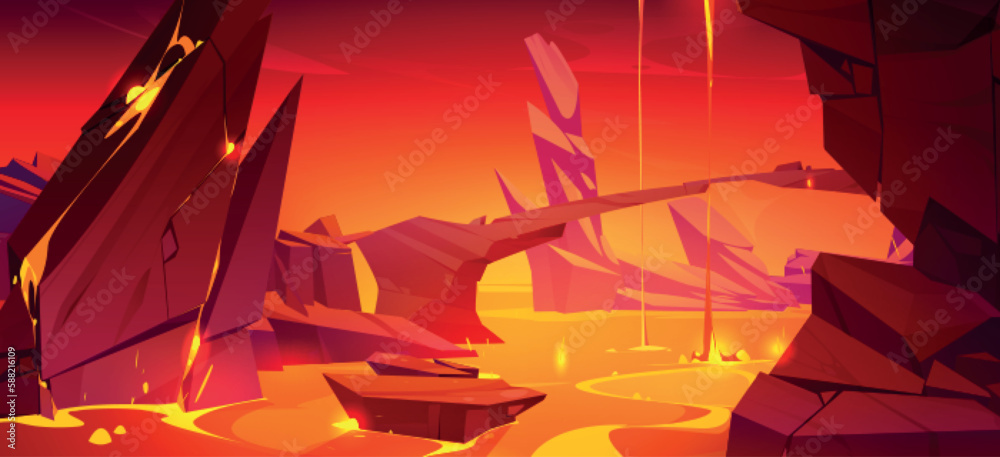 Lava hell background, cave view vector game illustration. Volcano magma fire and rock landscape ...