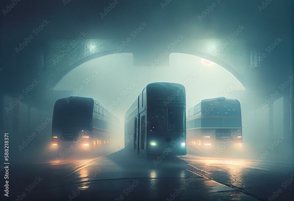 Buses floating in fog , mist. Alien abductions in city. Levitating ...