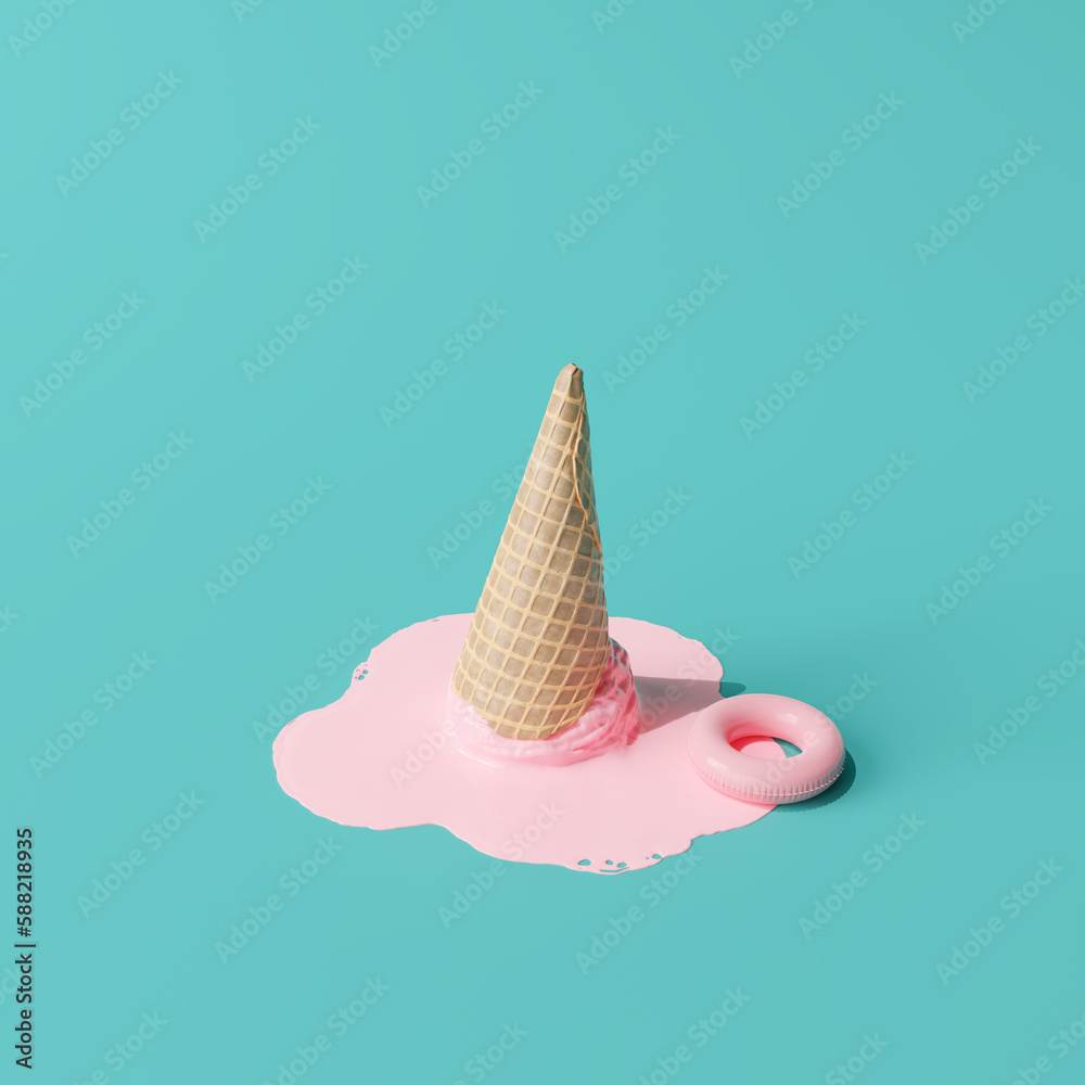 Pink ice cream melting with swimming ring on pastel blue background ...