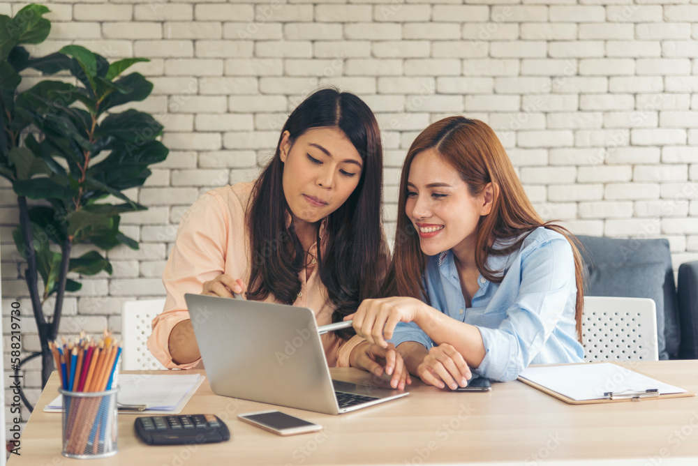 Two businesspeople meeting work at office desk. Teamwork partners team ...