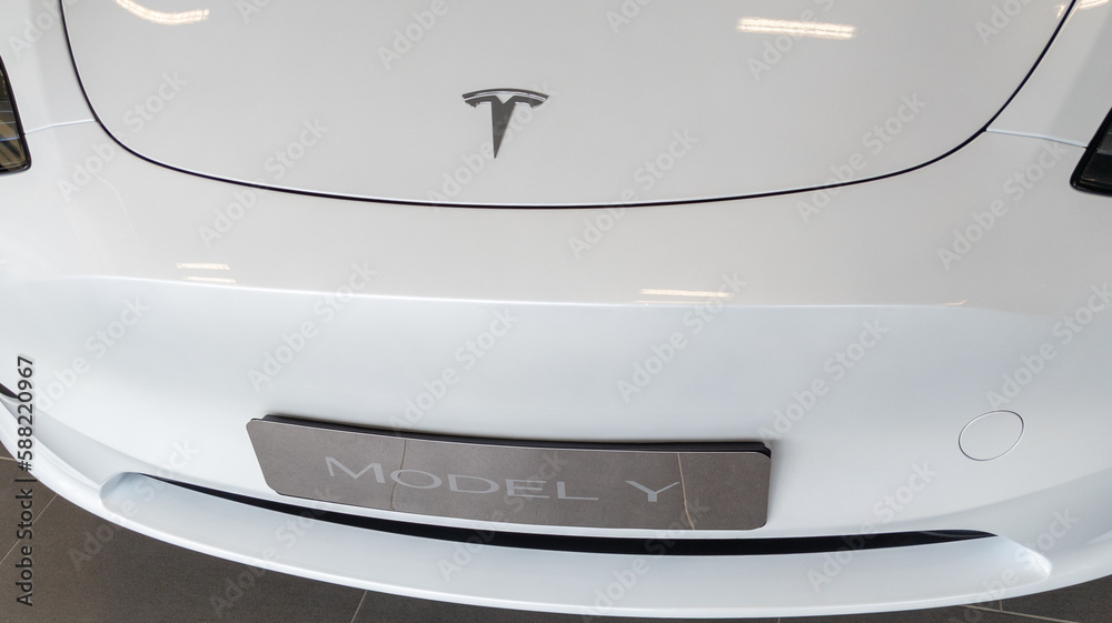 Tesla car y model 3 inside dealership logo sign and brand text front ev ...