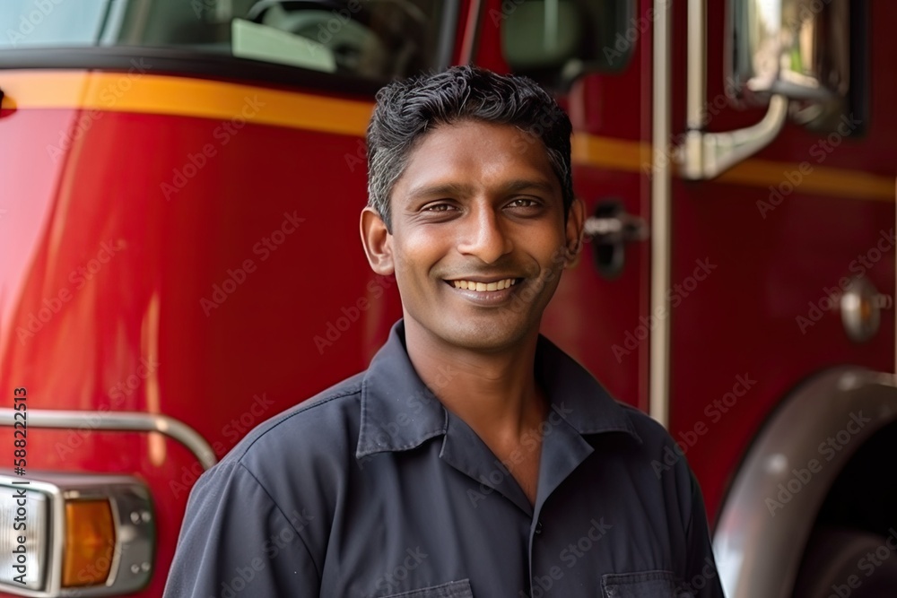 India male firefighter smiling at the camera, firetruck background ...