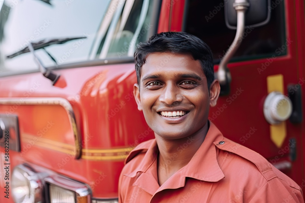 India male firefighter smiling at the camera, firetruck background ...