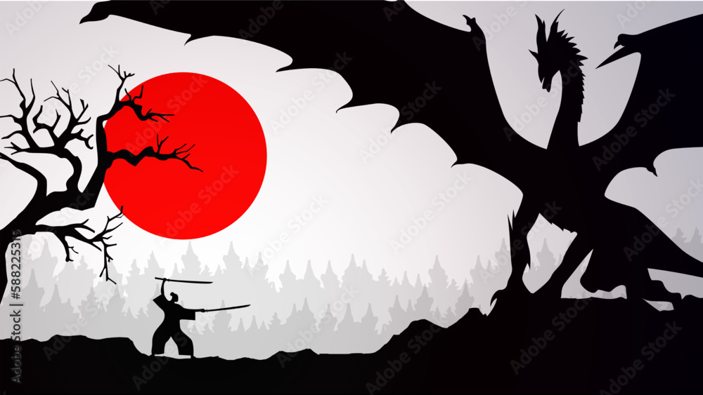 samurai vs dragon. samurai fighting dragon with red moon wallpaper. red ...