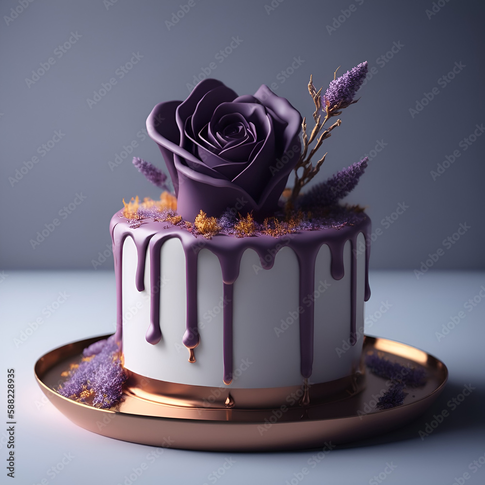 Beautiful gentle cake with purple rose and lavender, 3d rendering style ...