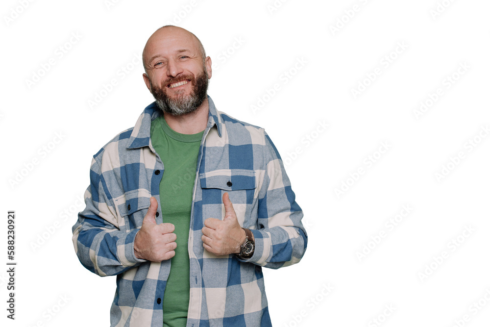 Satisfied mid adult Caucasian bald beardy man in plaid shirt toothy ...