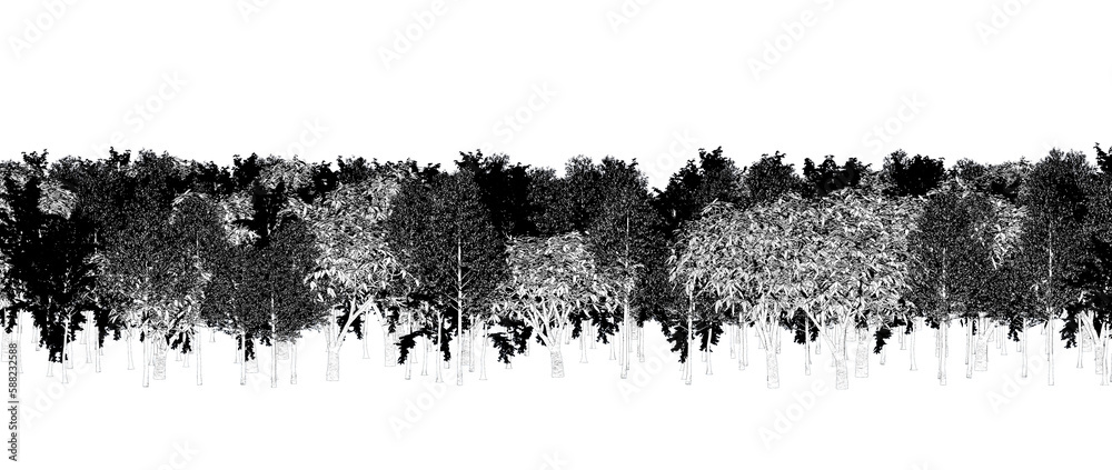 trees in the forest isolated on a transparent background, sketch ...