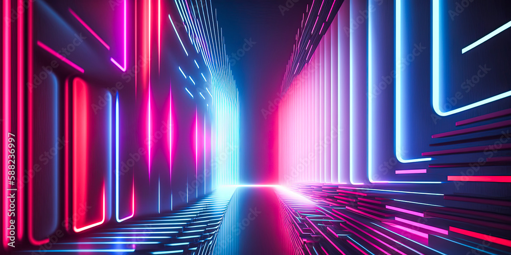 AI generated abstract space red blue pink neon background with cuboid ...