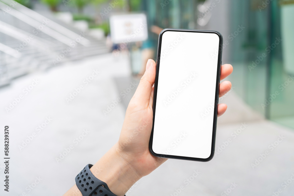 Hand holding smartphone mockup of blank screen, Take your screen to put ...