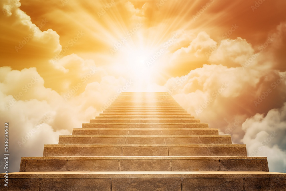 Ascending stairs to the sun, bright heavenly light background religion ...