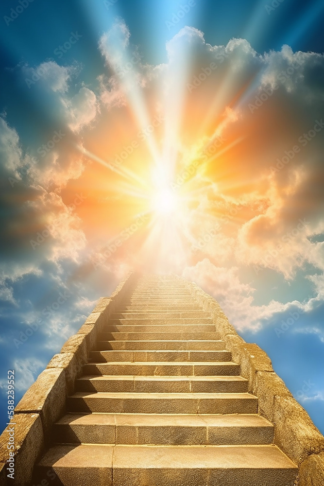 Ascending stairs to the sun, bright heavenly light background religion ...