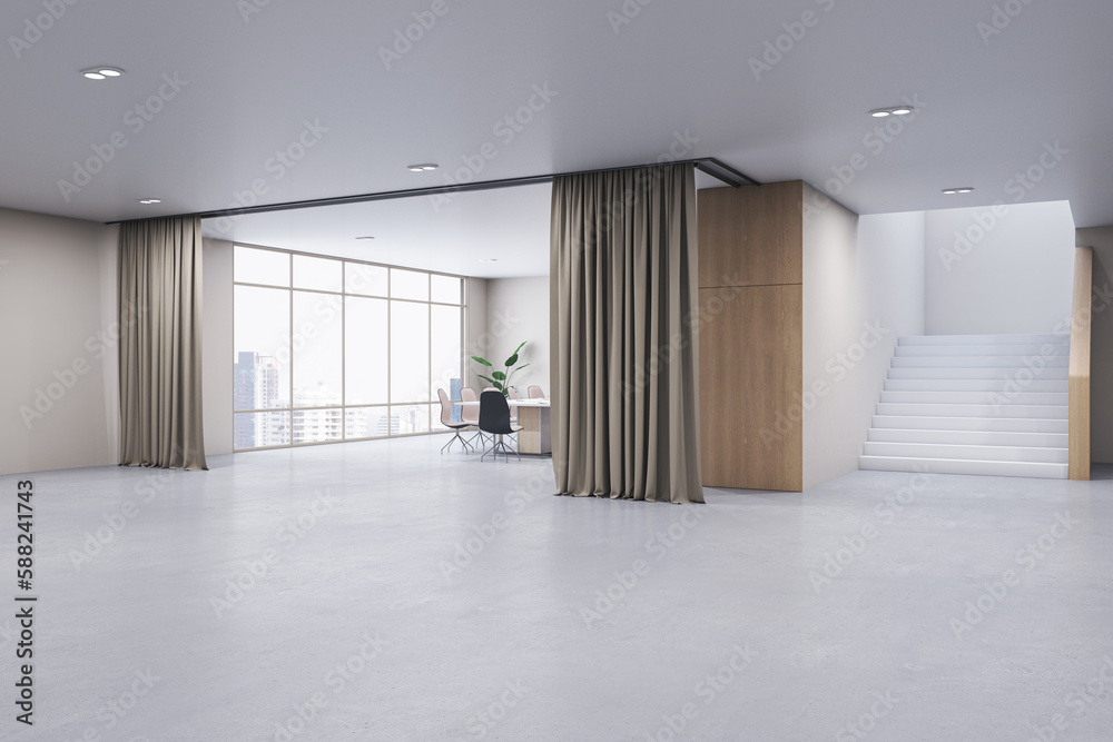 Contemporary spacious meeting room interior with furniture, stairs ...