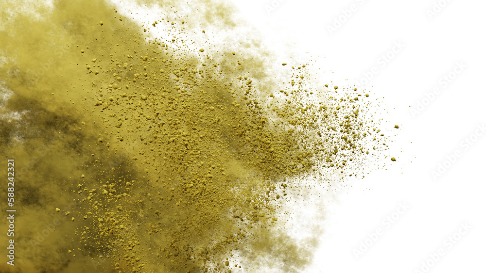 yellow coloured powder tossed in the air, isolated on transparent ...