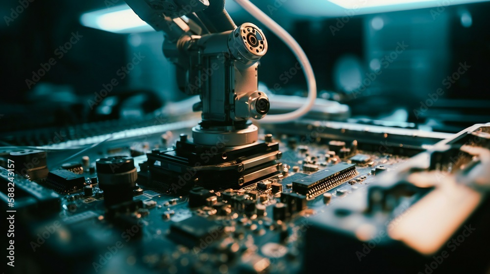 An assembly line of PCB motherboard, nanotechnology board with CPU and ...