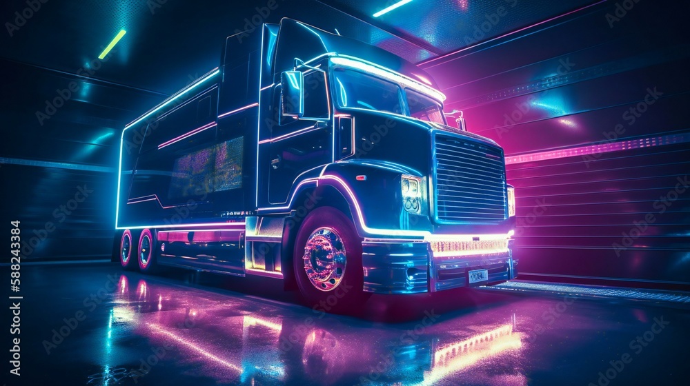 Modern neon trucks inside of a dark garage, created using Generative AI ...
