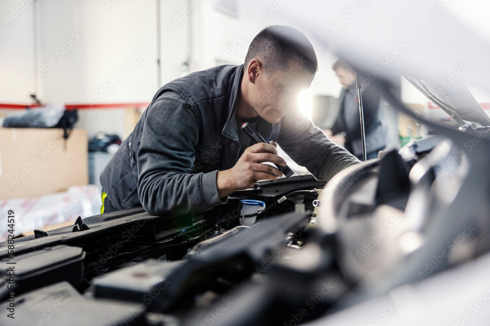 A mechanic is looking under the hood and checking on car with ...
