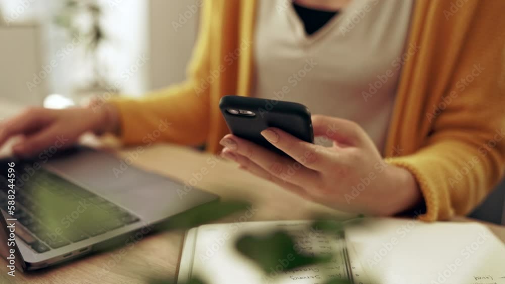 Closeup woman, hands and phone for laptop, typing and online connection ...