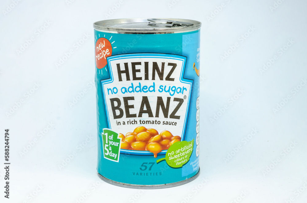 A tin of Heinz Beanz with no added sugar isolated against a white ...