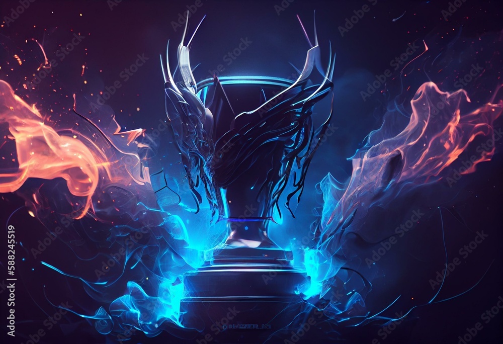 Cyberpunk trophy with smoke on a dark blue futuristic background for an ...