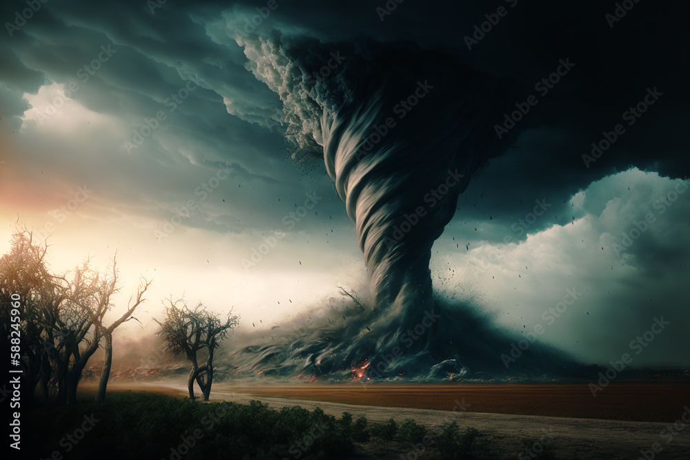 Large tornado destroying a farm. Dark dramatic scenery with a twister ...