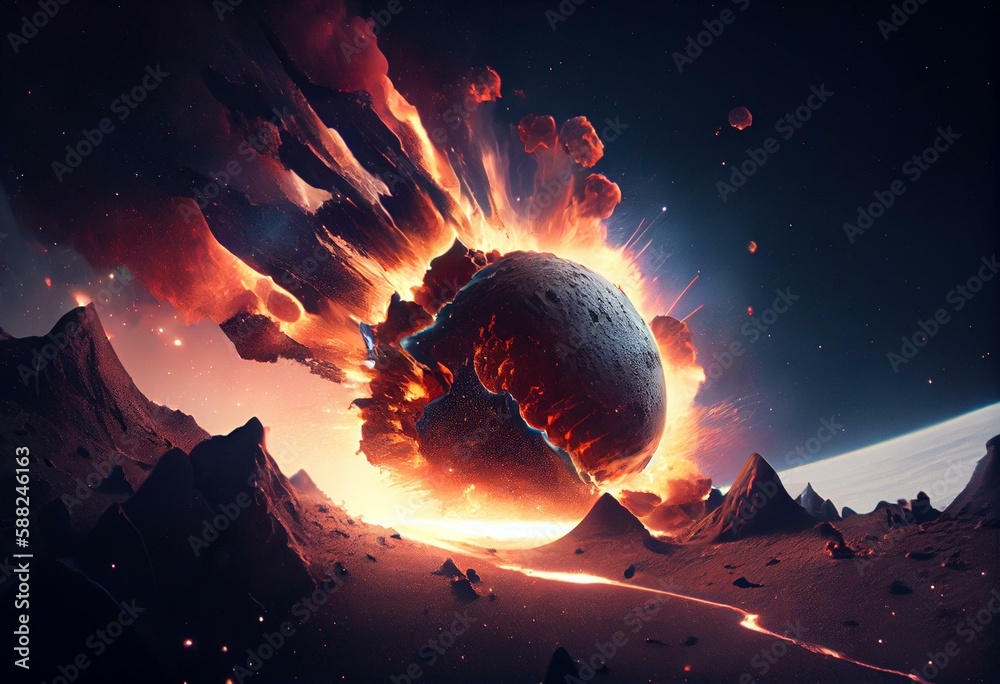 Explosion of space/Explosion of space with comet attack planet. Digital ...