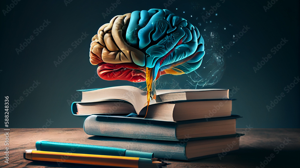 Human brain above stack of books, concept of learning and reading and ...