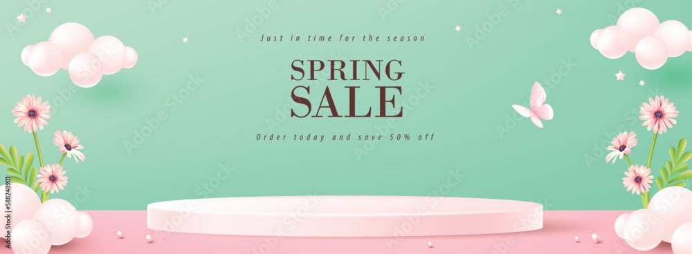 Spring Sale Header or Banner Design Promotion layout with fresh bloom ...