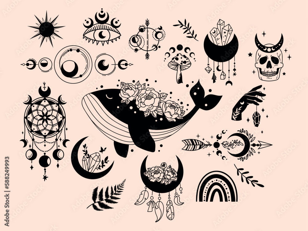 Mystical celestial clipart bundle, Cosmic starry whale with flowers ...