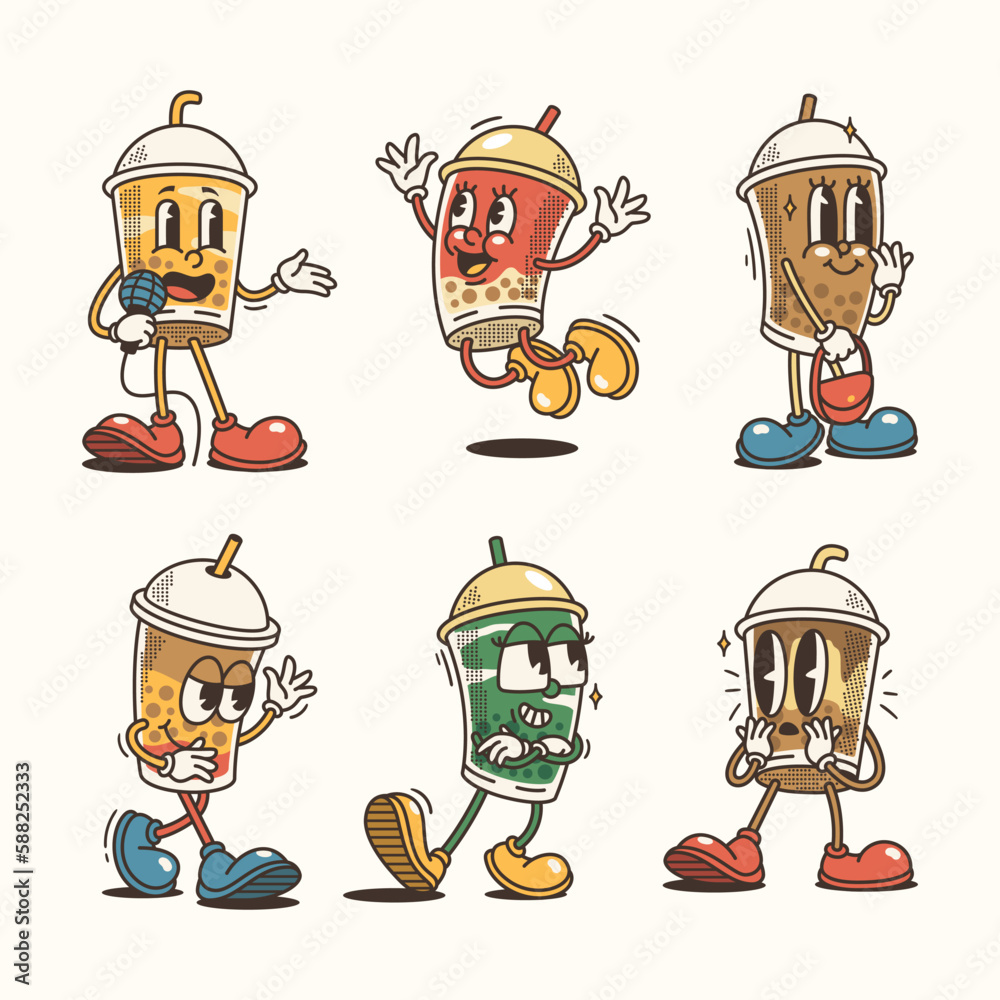 Set of Trendy Bubble Tea and Cartoon Characters, Vintage character ...