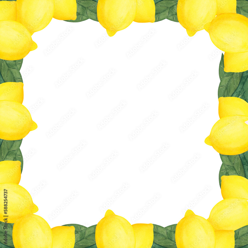 watercolor yellow lemon border with green leaves - frame, hand drawn ...