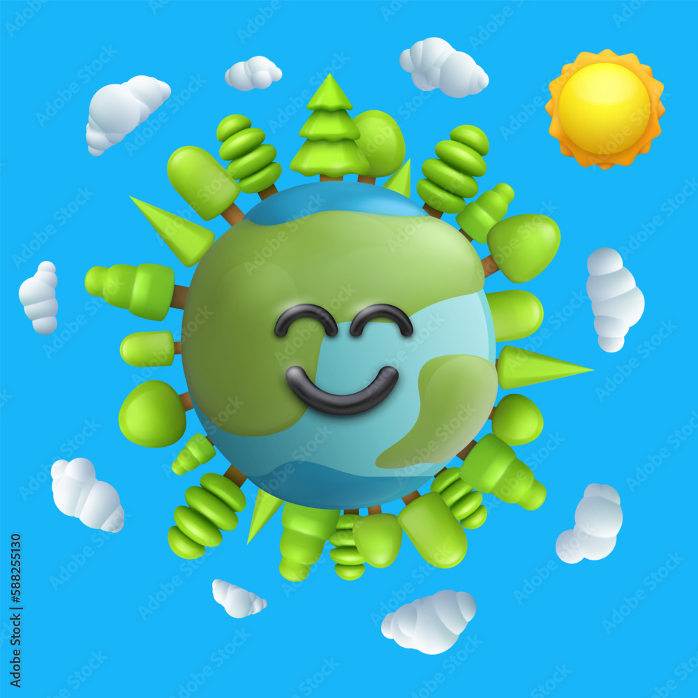 Cartoon cute smile earth planet character with tree forest, clouds and ...