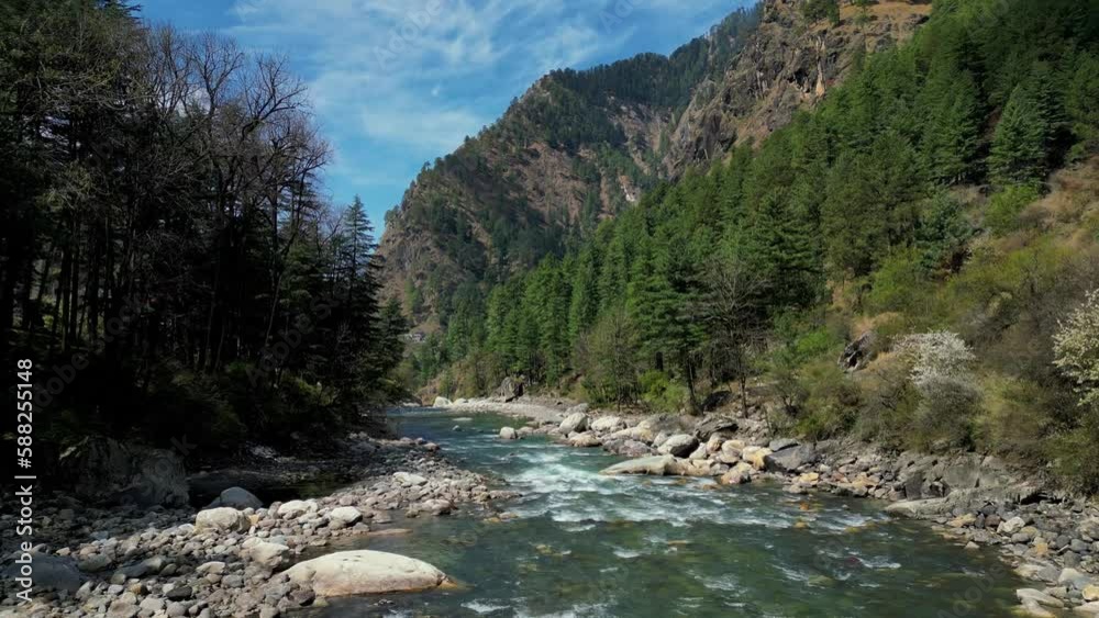 drone shot over Parvati River in Parvati Valley - A beautiful valley ...
