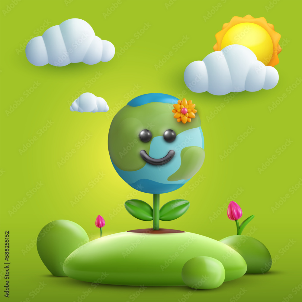 Cartoon cute earth planet character with plant, flower, green hill ...
