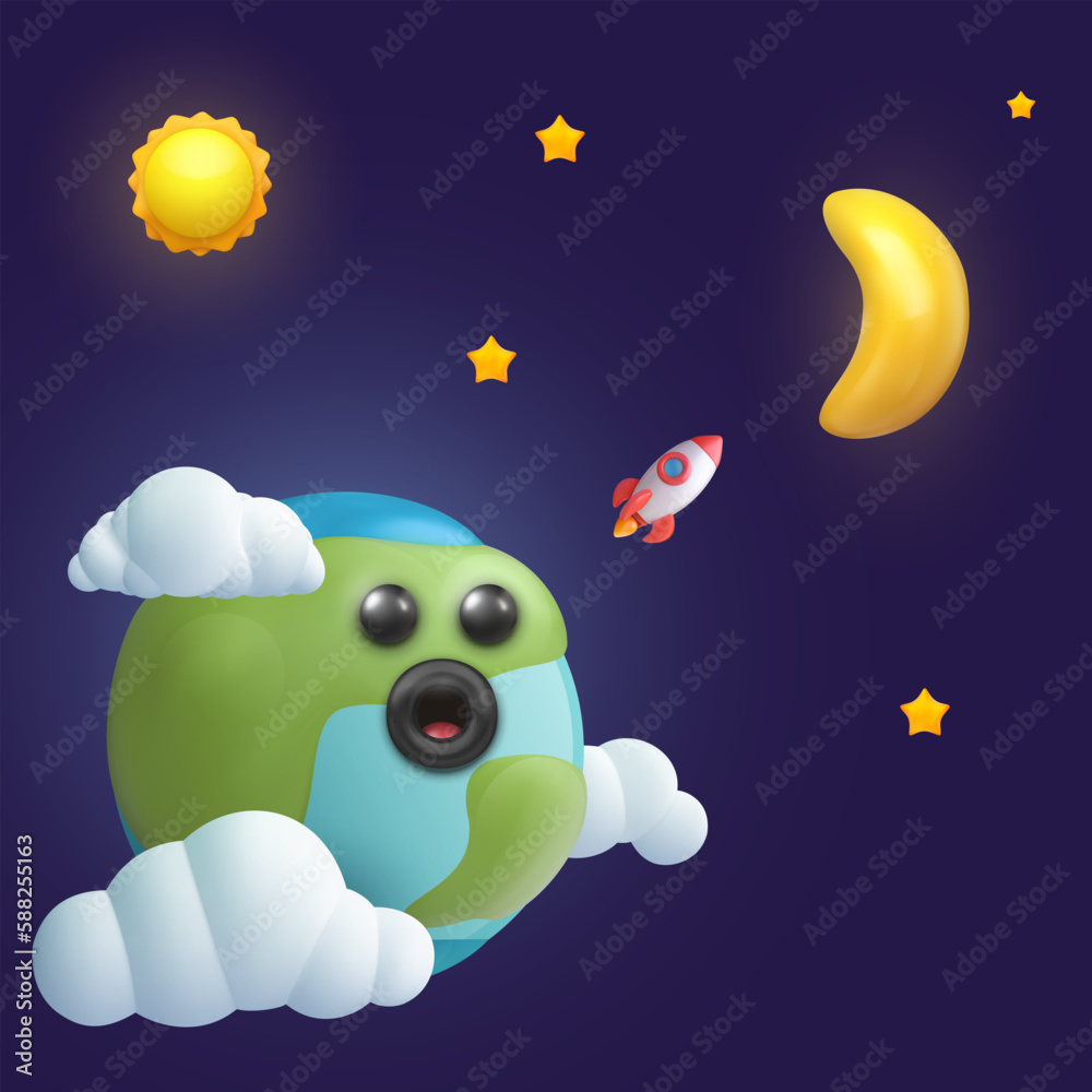 Cartoon cute earth planet character on space with rocket, moon, sun and ...