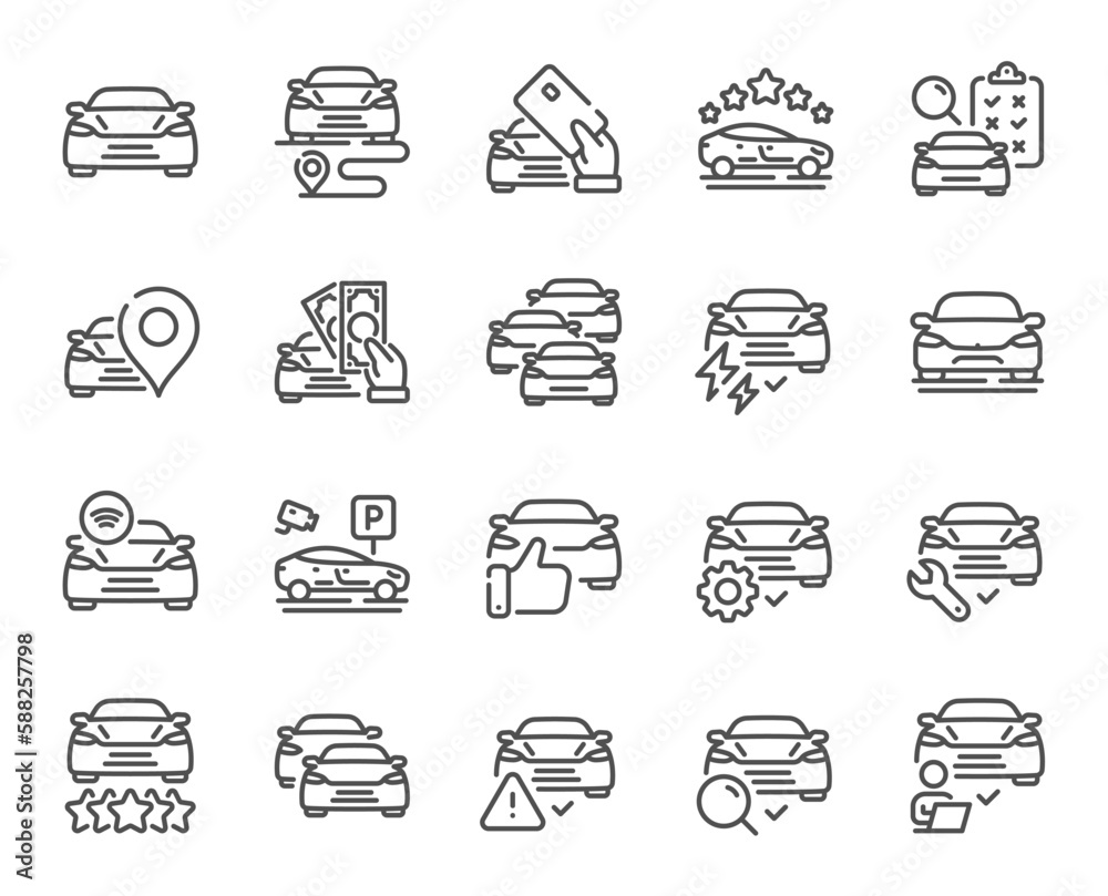 Car line icons. Auto transport review, vehicle parking and car ...