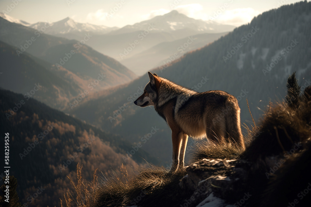 Ein Wolf steht in bergiger alpinen Landschaft. Unbebaute Natur in ...