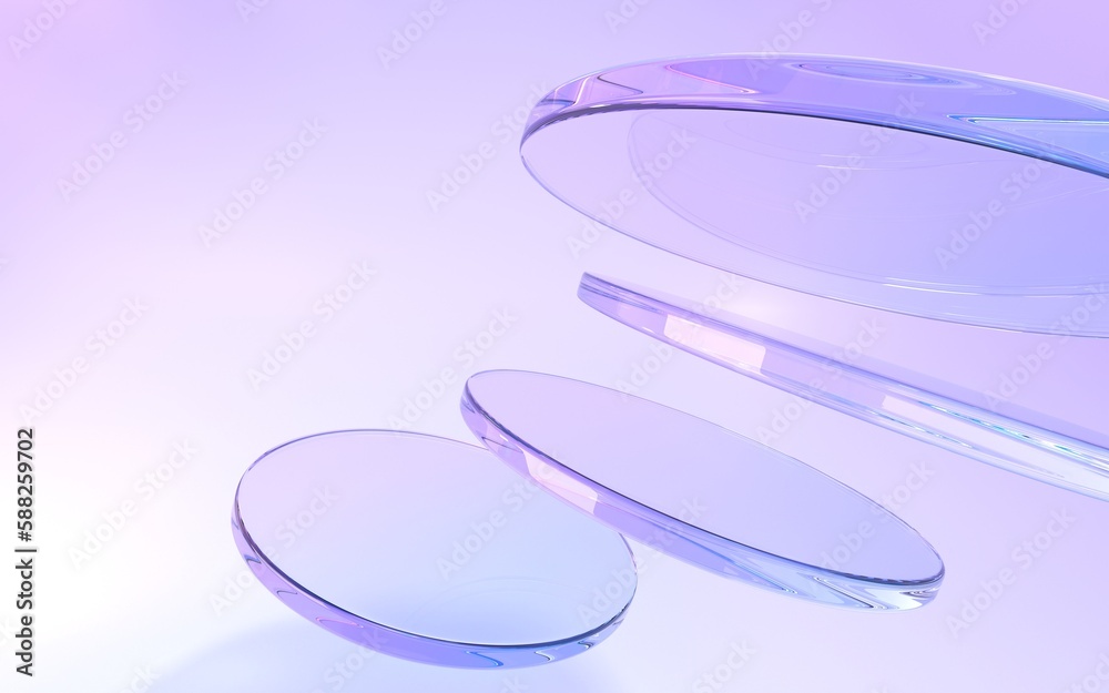 Flying crystal or glass disks on purple abstract geometric background ...