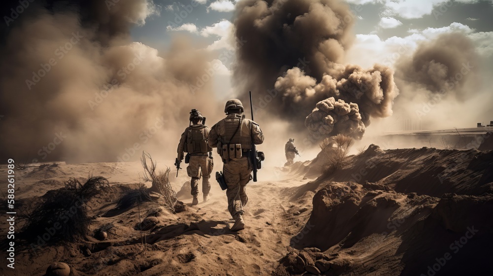 A poster featuring military special forces soldiers crossing a ...