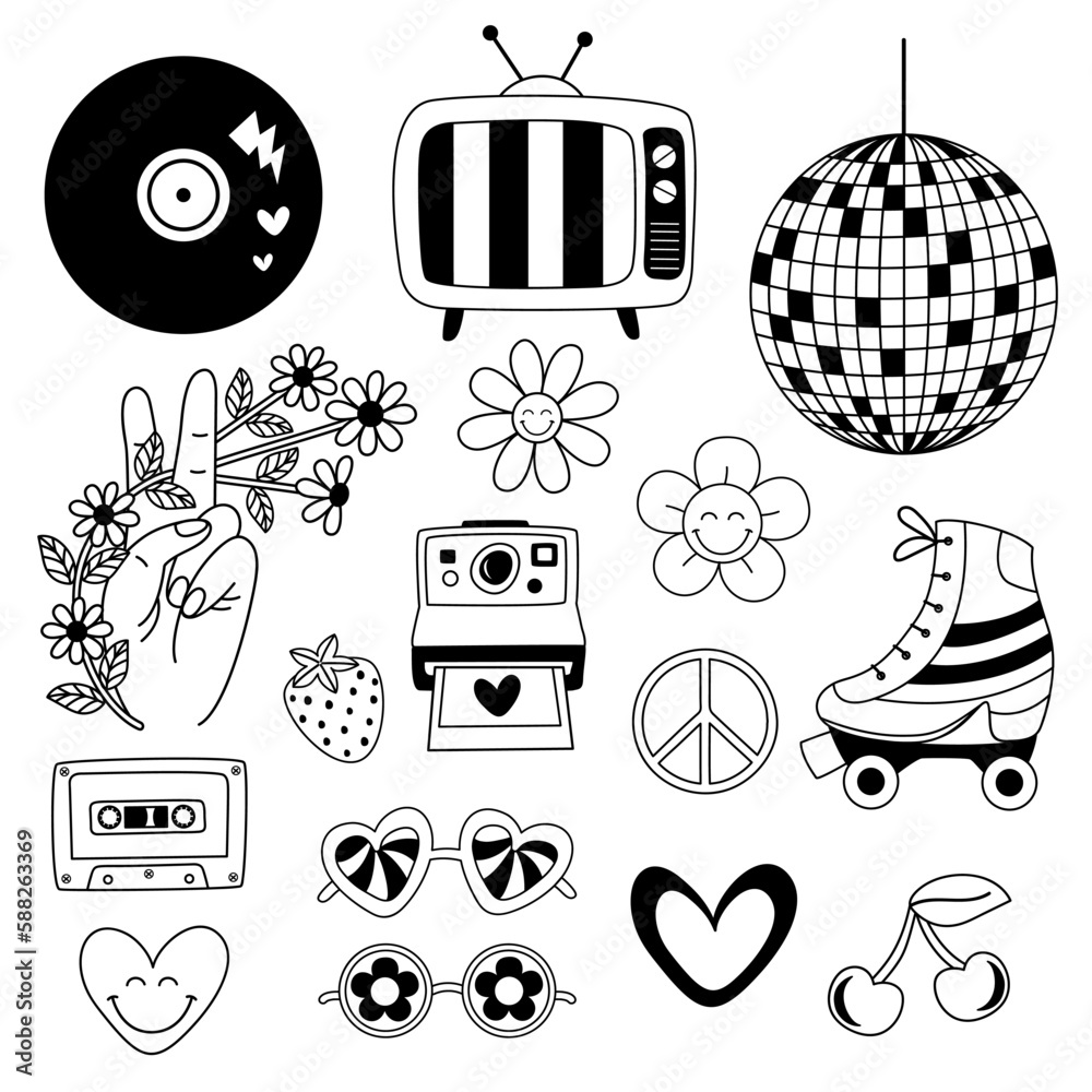 Set Of Isolated Black Retro 70s 90s Groovy Elements Stock Vector