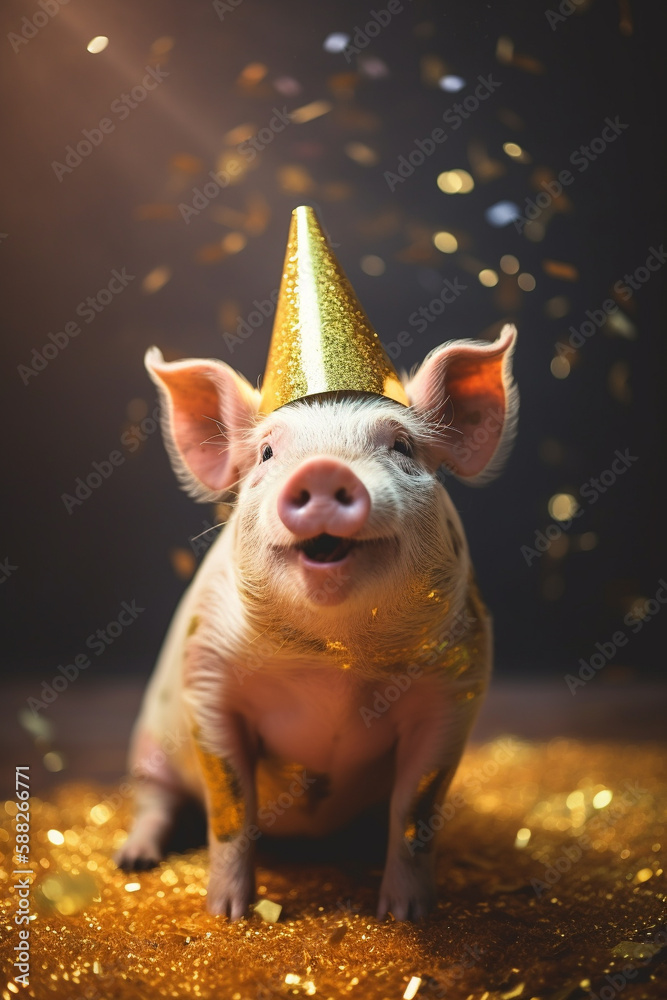 fröhliches Schwein mit Partyhut und Konfetti in Partystimmung ...