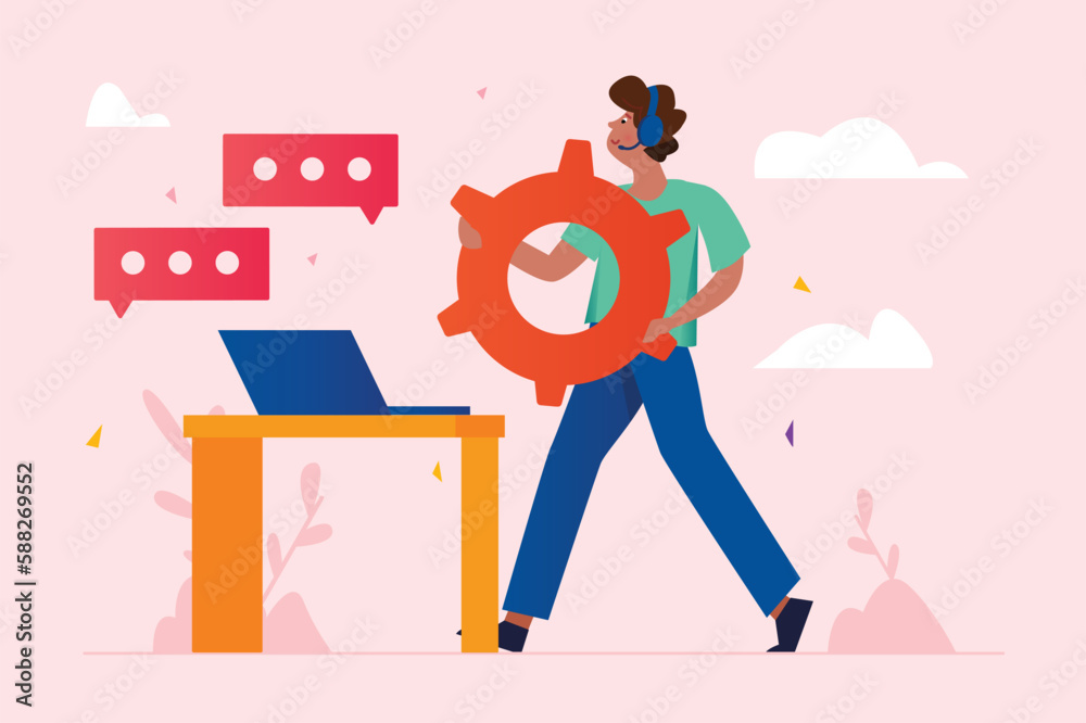 Pink concept Call center with people scene in the flat cartoon design ...