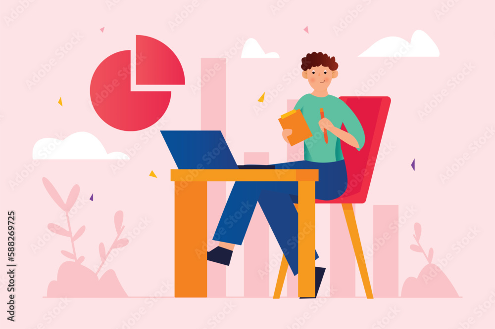 Pink concept data analysis with people scene in the flat cartoon design ...